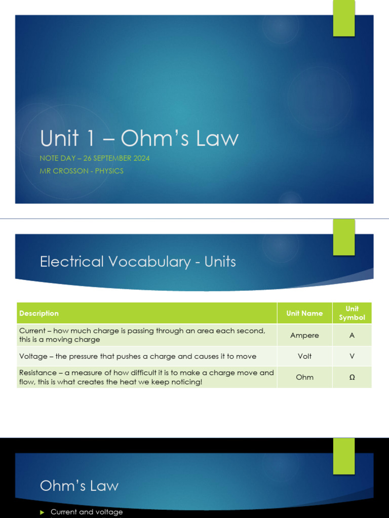 Unit 1 - Ohms Law | PDF | Electrical Resistance And Conductance | Voltage