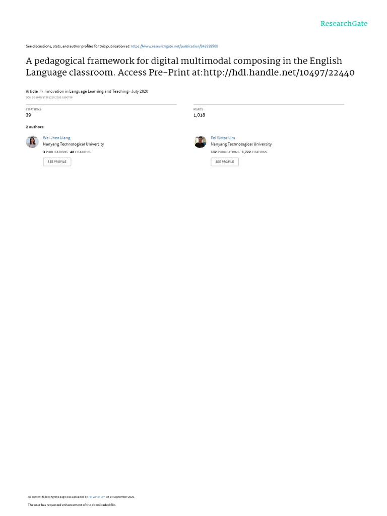 A Pedagogical Framework For Digital Multimodal Composing in The English | PDF | Pedagogy | Teachers