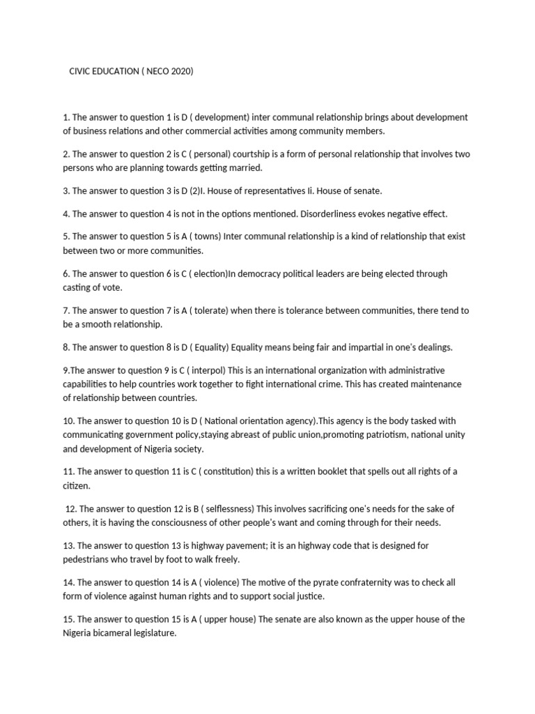 Civic Education Neco - 2020 | PDF | Social Psychology | Government