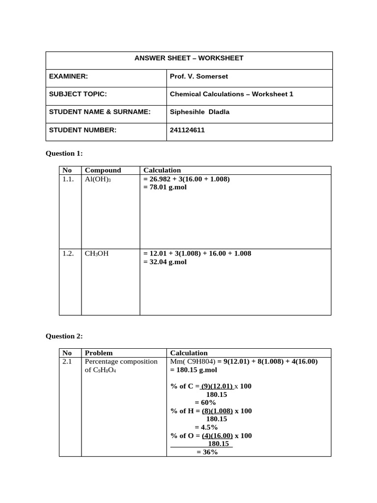 Chemistry 1 ECP_Chemical Calculations_Worksheet1_VSomerset_v8_23Apr24 | PDF | Mole (Unit ...