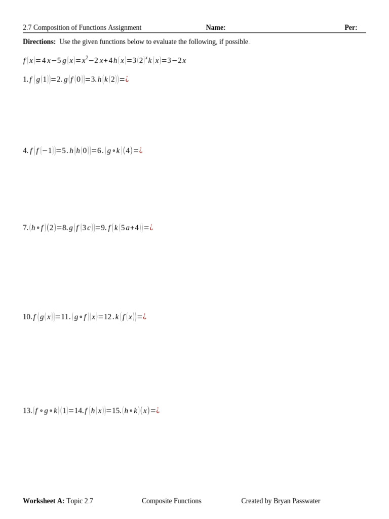 Composition of Functions Worksheet A | PDF | Mathematical Relations ...