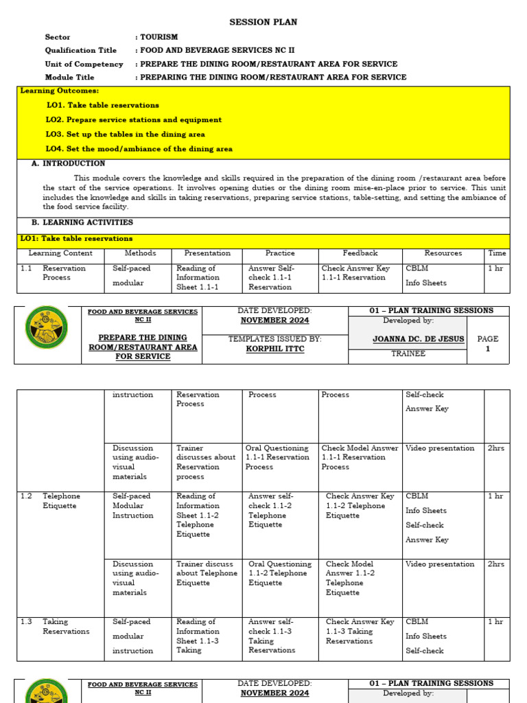 Session-Plan - FBS NCII | PDF | Tableware | Restaurants