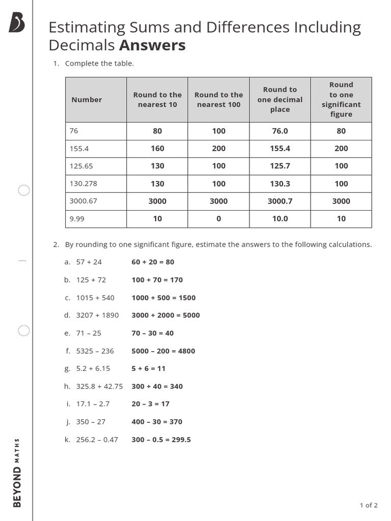 Estimating Sums and Differences Answers | PDF