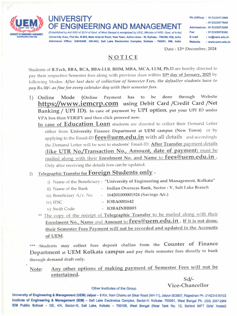 Fees Notice - Even Sem - 2024-25 | PDF | Banking | Money