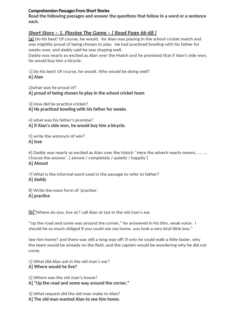 Short Stories with Comprehension Questions | PDF