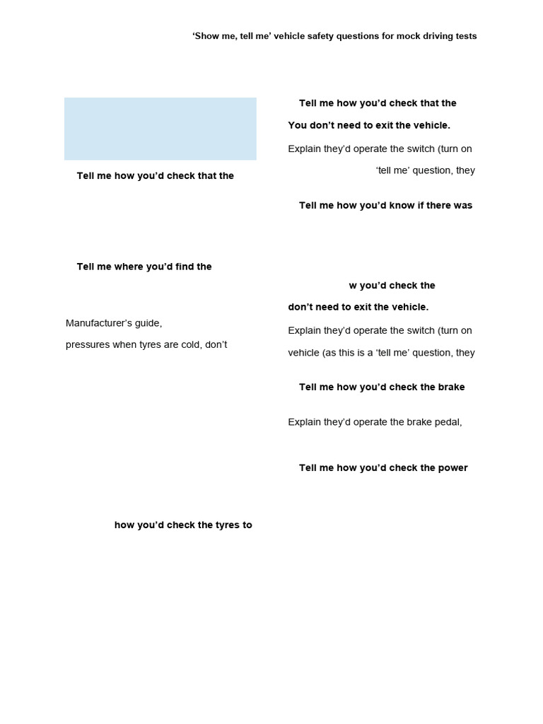 Show Me Tell Me Driving Questions | PDF | Vehicles | Vehicle Technology