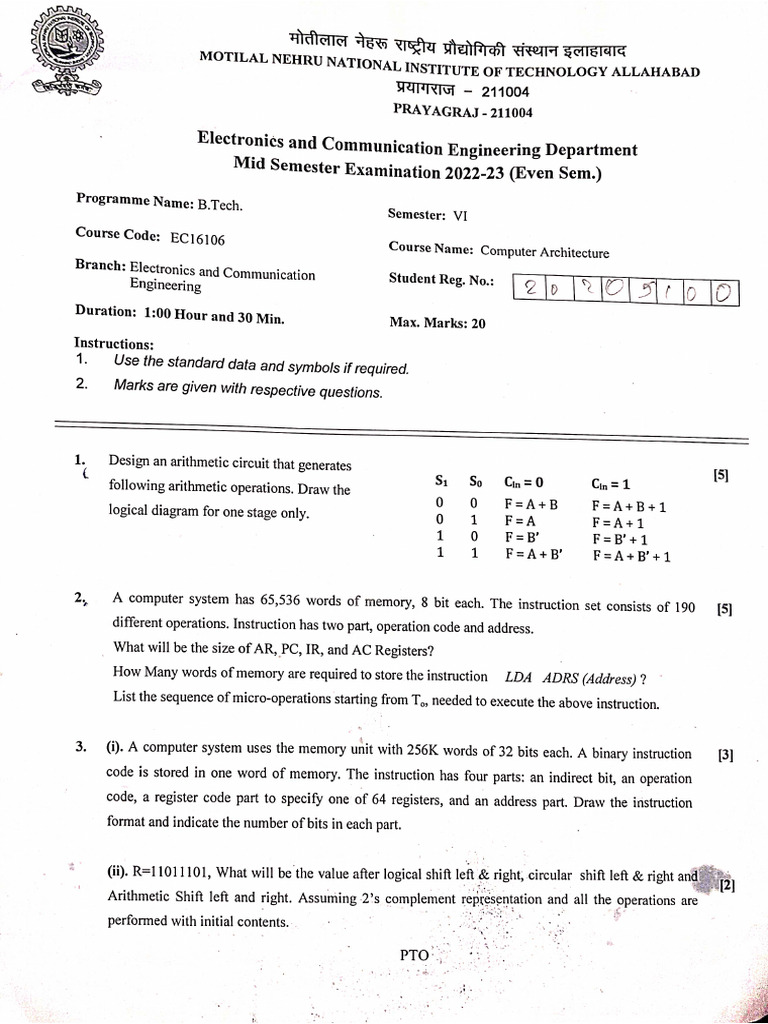 2022 23 Mid Sem Paper Pdf Bit Computer Architecture