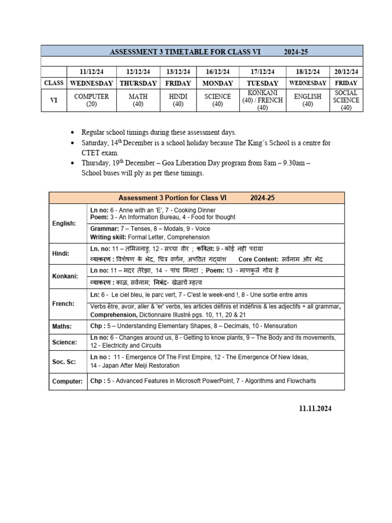 Class VI Assessment Timetable 2024-25 | PDF | Linguistics | Grammar