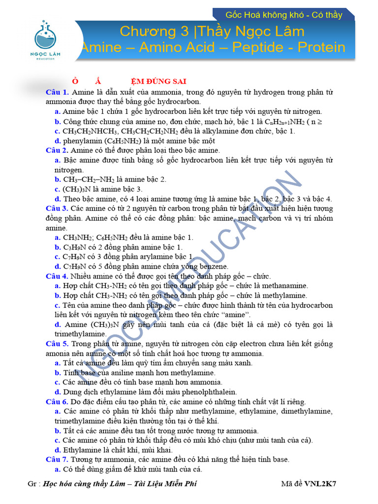 9.Chương 3 Câu Hỏi Đúng Sai Amine - Amino Acid - Protein - Peptit | PDF