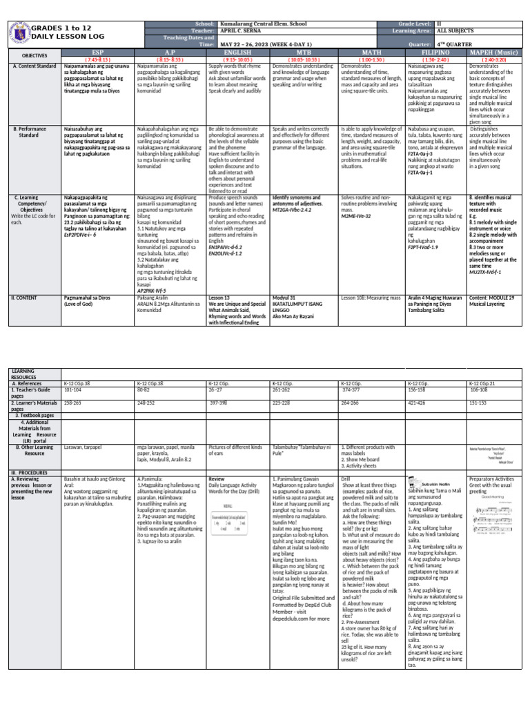 DLL - All Subjects 2 - Q4 - W4 - D1 | PDF