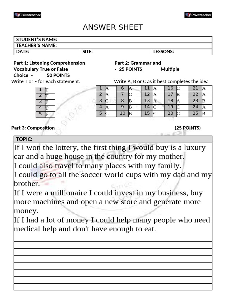 ANSWER SHEET 2023 Written Test Basic-Intermediate | PDF