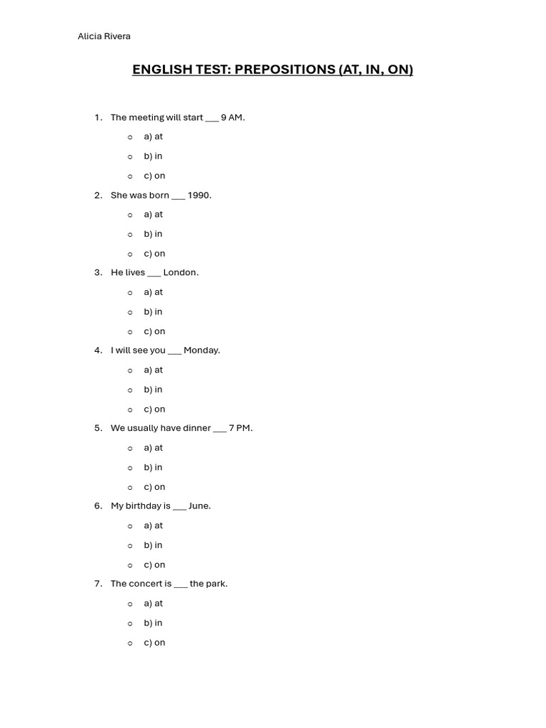 Prepositions Test (At, In, On) | PDF