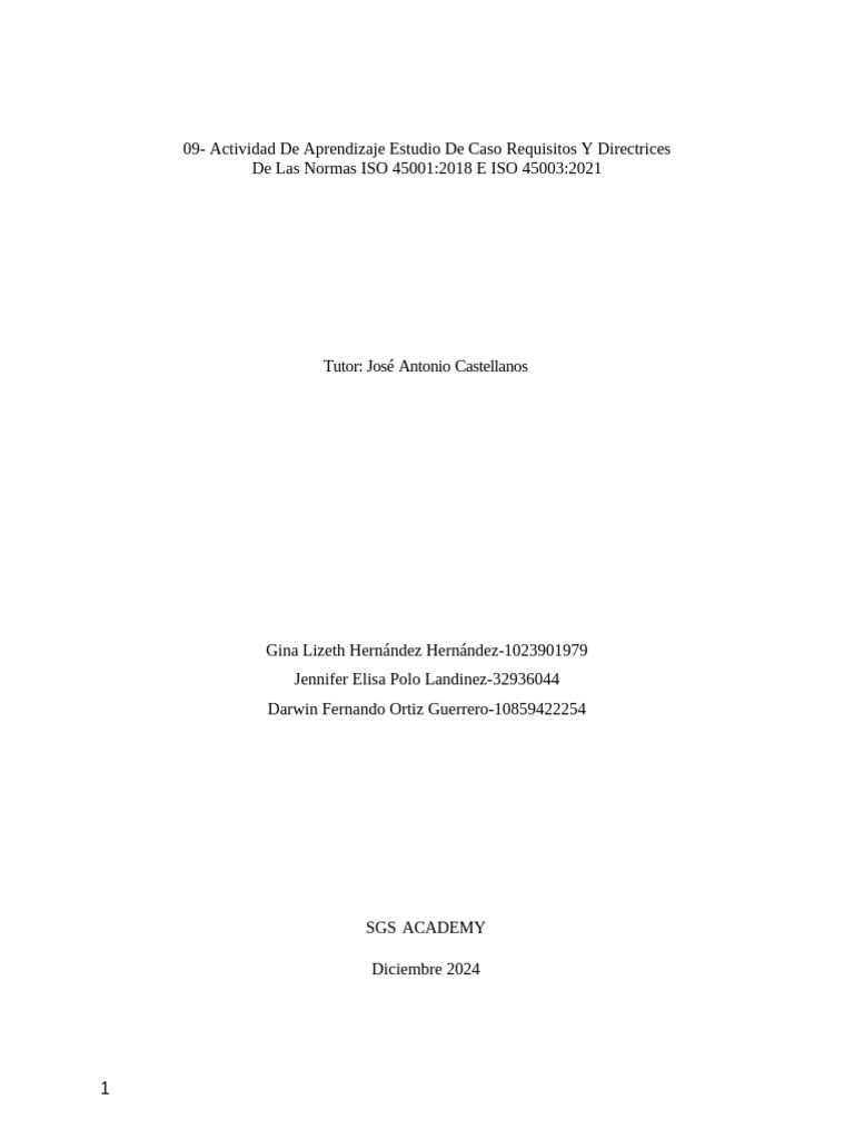 Actividad 9 - Estudio Caso Requisitos - y - Directrices - ISO - 45001.2018 - e - ISO - 45003. ...