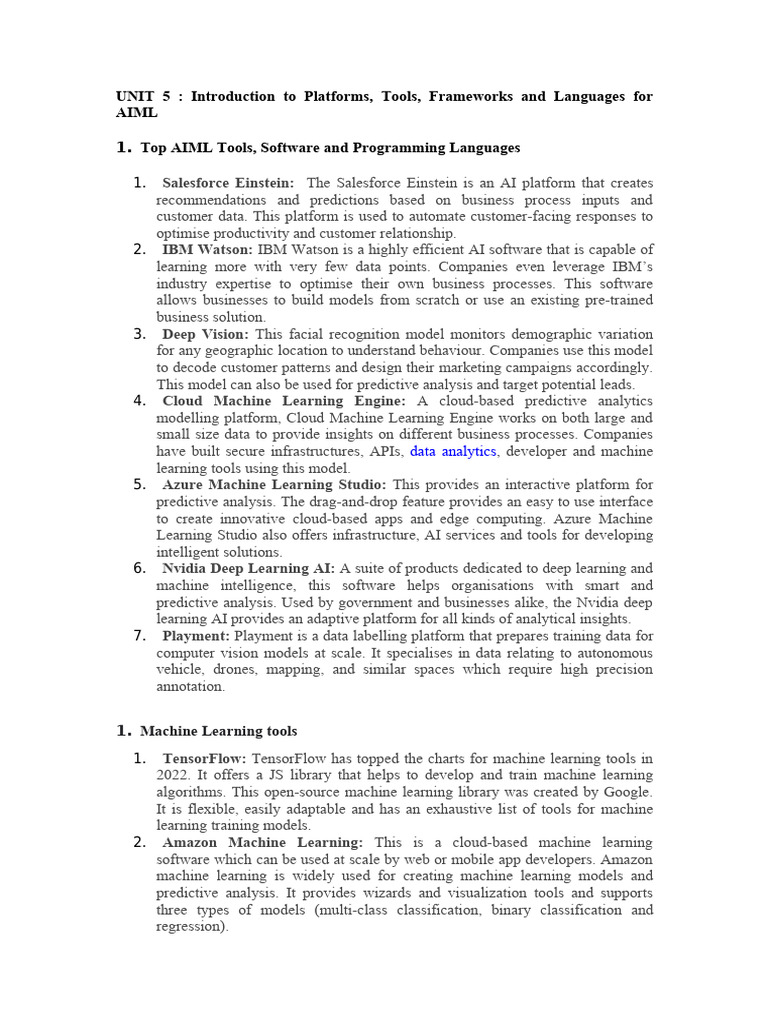 Unit5_AI_Top AIML Tools | PDF | Machine Learning | Computer Programming