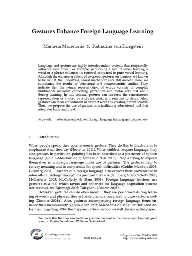 Gestures Boost Language Learning | PDF | Gesture | Language Acquisition