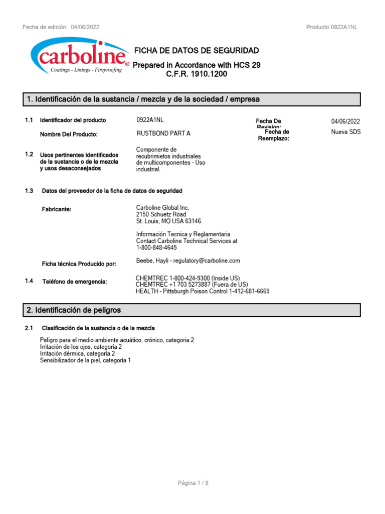 Rustbond Part A GHS SDS - Spanish 4-6-2022 | PDF | Residuos | Reciclaje