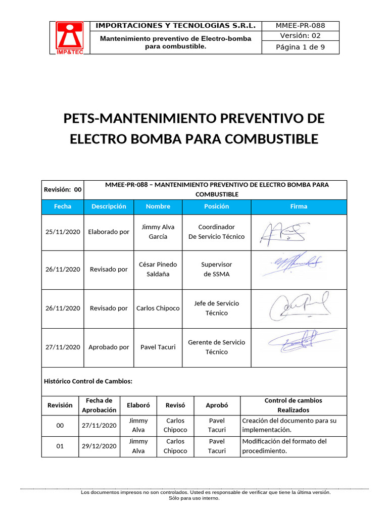 PETS-MMEE-PR-088 - Mantenimiento Preventivo de Electro-Bomba para Combustible (MINA) | PDF | Motores