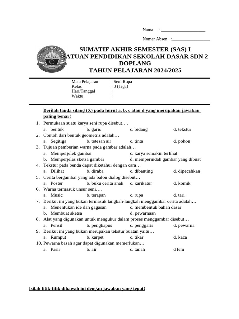 Soal Seni Rupa Kelas 3 | PDF