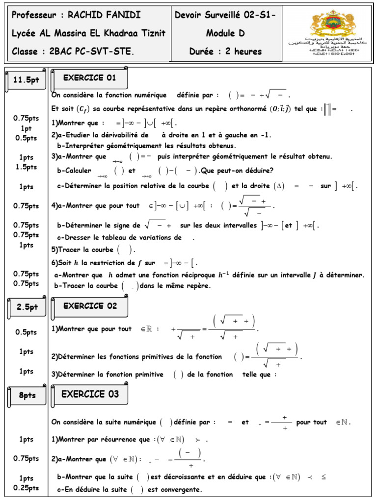 Devoirs n2.2bac Pc | PDF | Fonction (Mathématiques) | Courbe