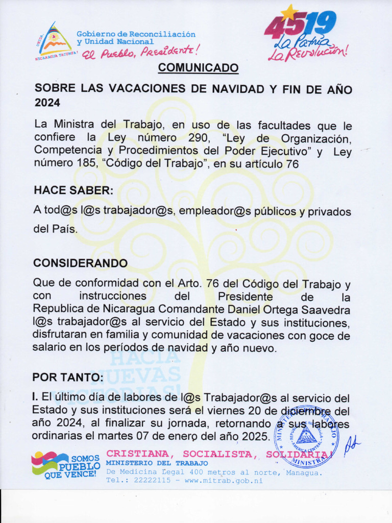 Comunicado Vacaciones Fin de Año y Navidad 2024 | PDF