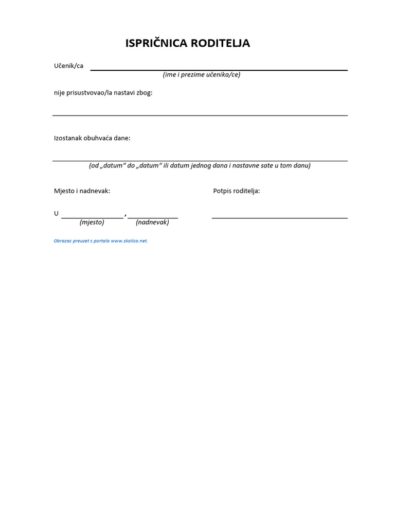 Ispricnica Roditelja | PDF