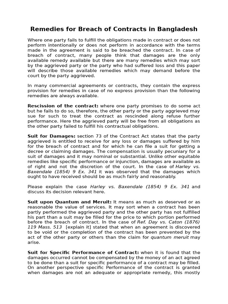 Remedies For Breach of Contracts in Bangladesh | PDF | Specific ...