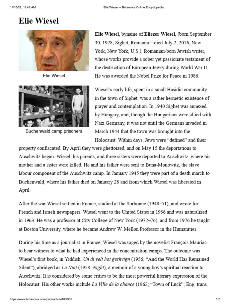 Elie Wiesel Biography | PDF | Jews And Judaism | Antisemitism