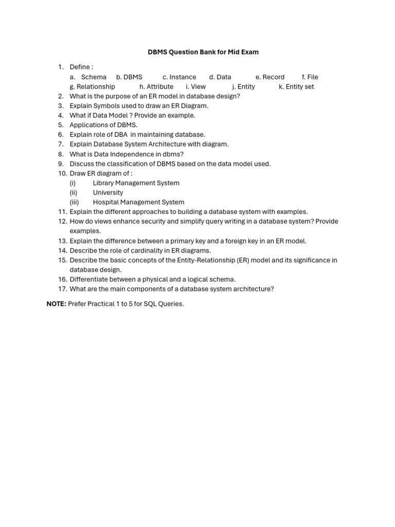 DBMS Quetion Bank for MId Exam-1 | PDF