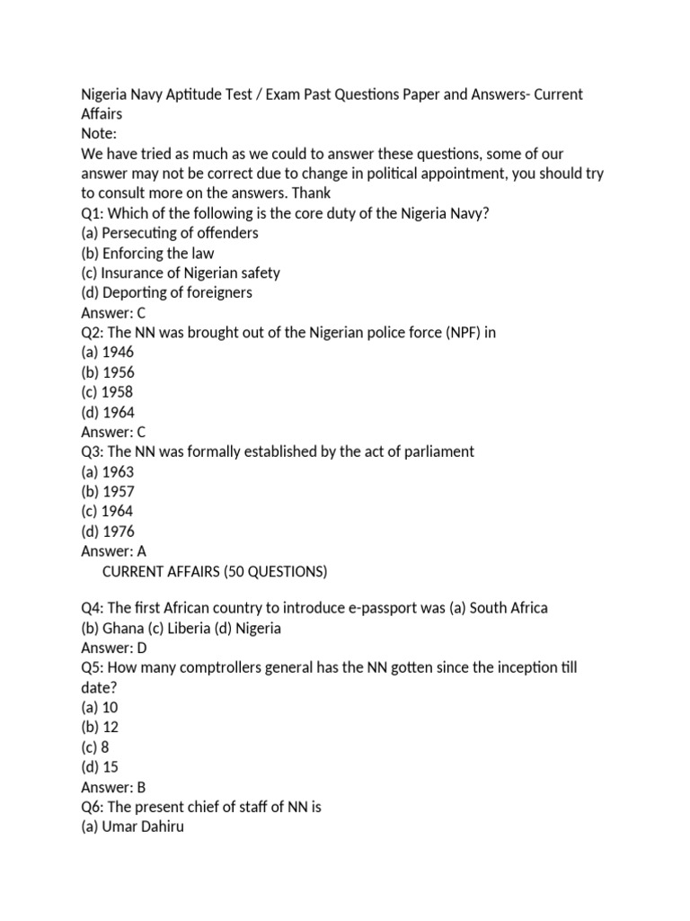 Navy Aptitude Test, Exam Past Questions | PDF | Nigeria