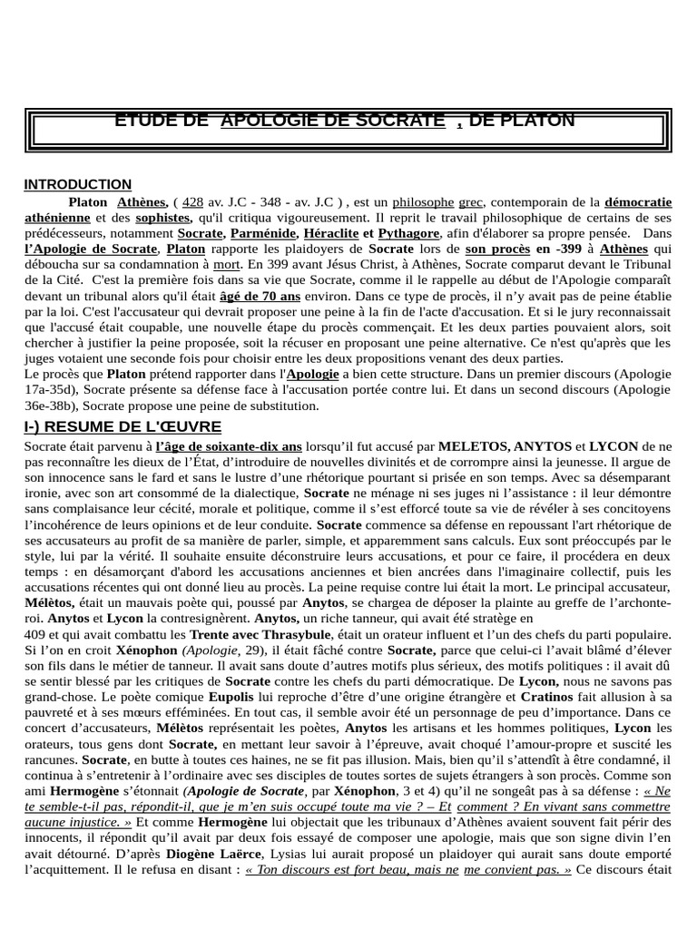 Apologie de Socrate : Défense et Accusations | PDF | Apologie de ...