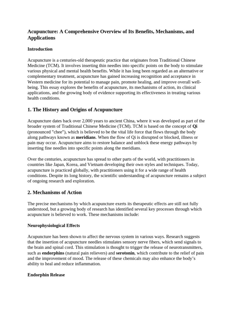 Acupuncture- A Comprehensive Overview of Its Benefits, Mechanisms, and ...