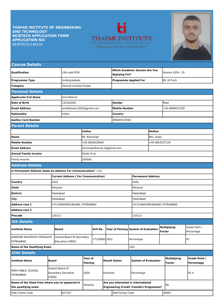 Registration Form BE BTECH 146105 | PDF | Engineering | Electronic ...