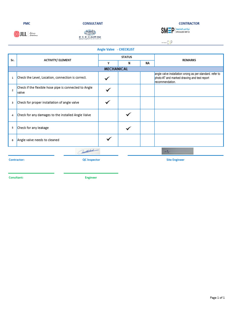 V-00-Eci-Mech-0000-Operational Test For Angle Valve | PDF | Plumbing ...
