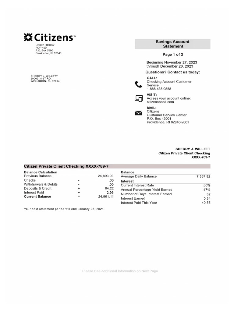 Citizens Private Client Checking, December 2023 | PDF