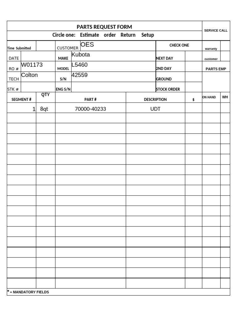 Kubota Parts Request Form Template | PDF