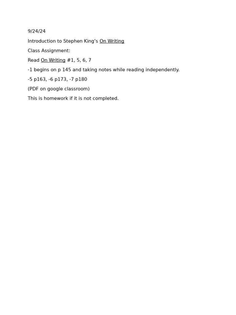 Stephen King's On Writing Class Assignment | PDF