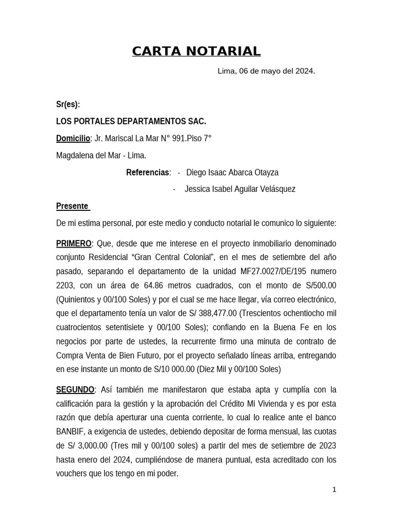 CARTA NOTARIAL.V.Ortiz - Los.Portales. | PDF | Bancos | Hipotecas