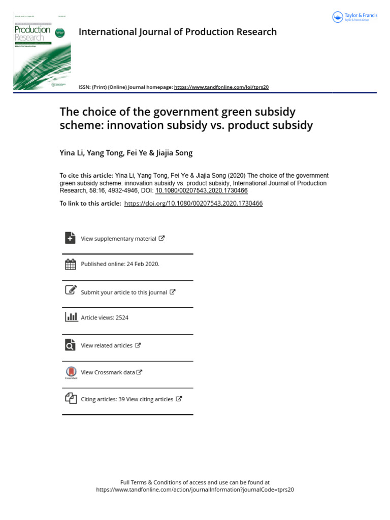 The Choice of The Government Green Subsidy Scheme Innovation Subsidy Vs ...