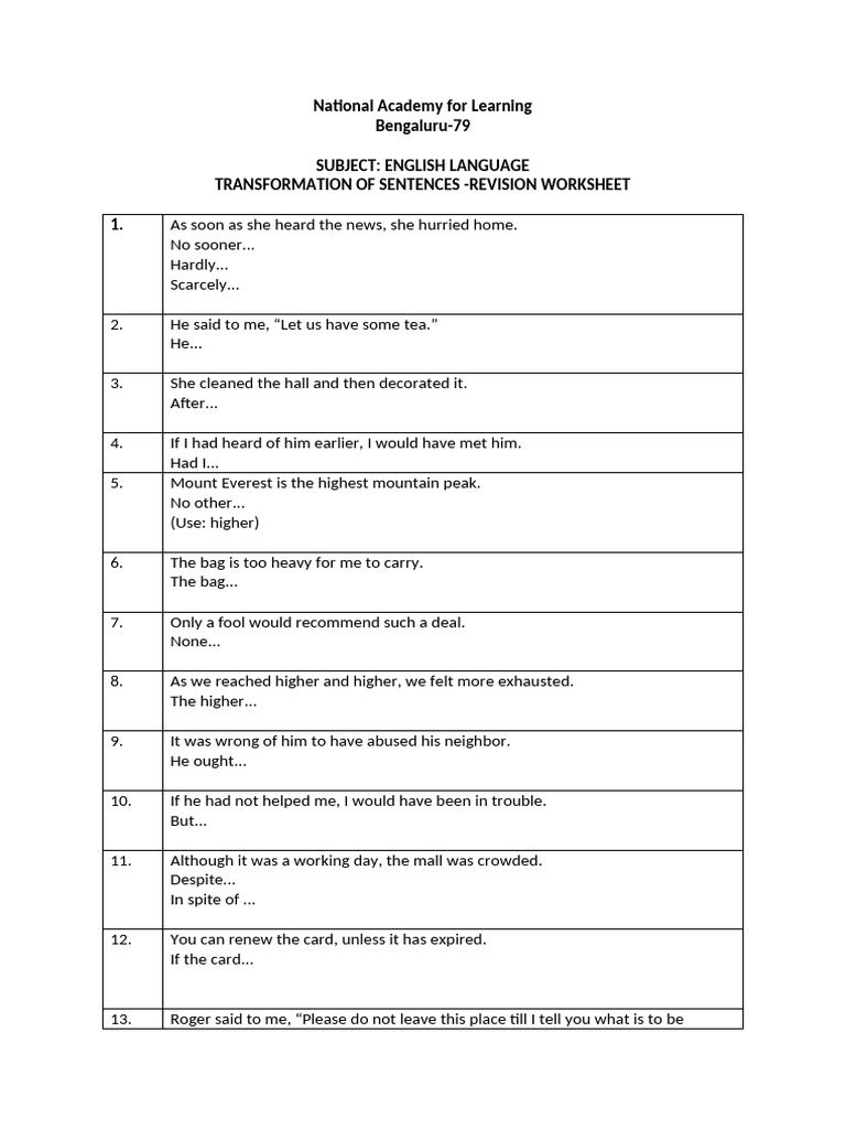 ISC Sentence Transformation Worksheet | PDF