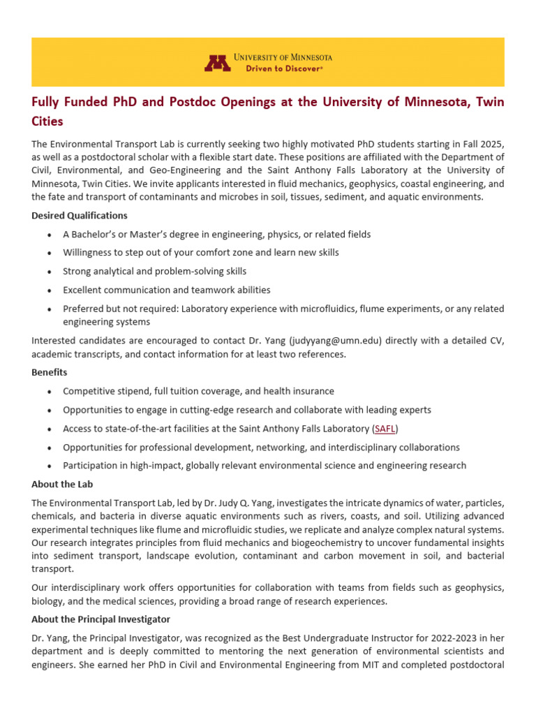 Fully Funded PHD and Postdoc Openings at The University of Minnesota ...