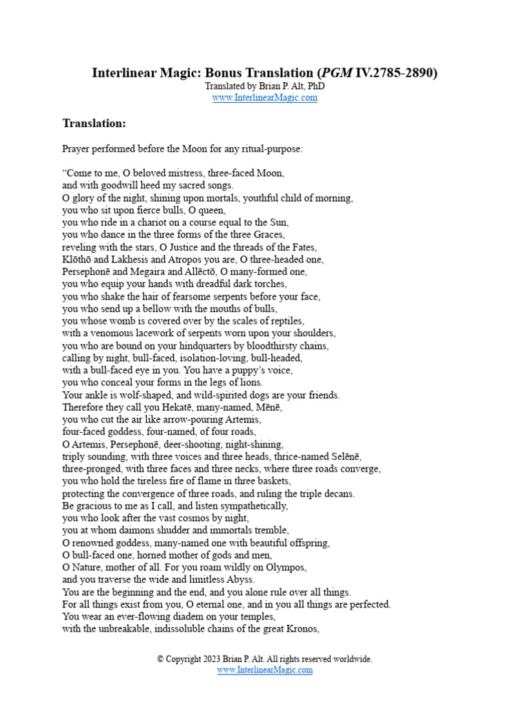 Interlinear Magic Prayer Before The Moon | PDF | Greek Deities