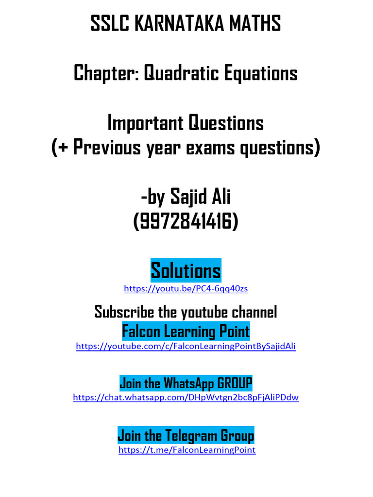 SSLC Quadratic Equations | PDF | Quadratic Equation | Equations