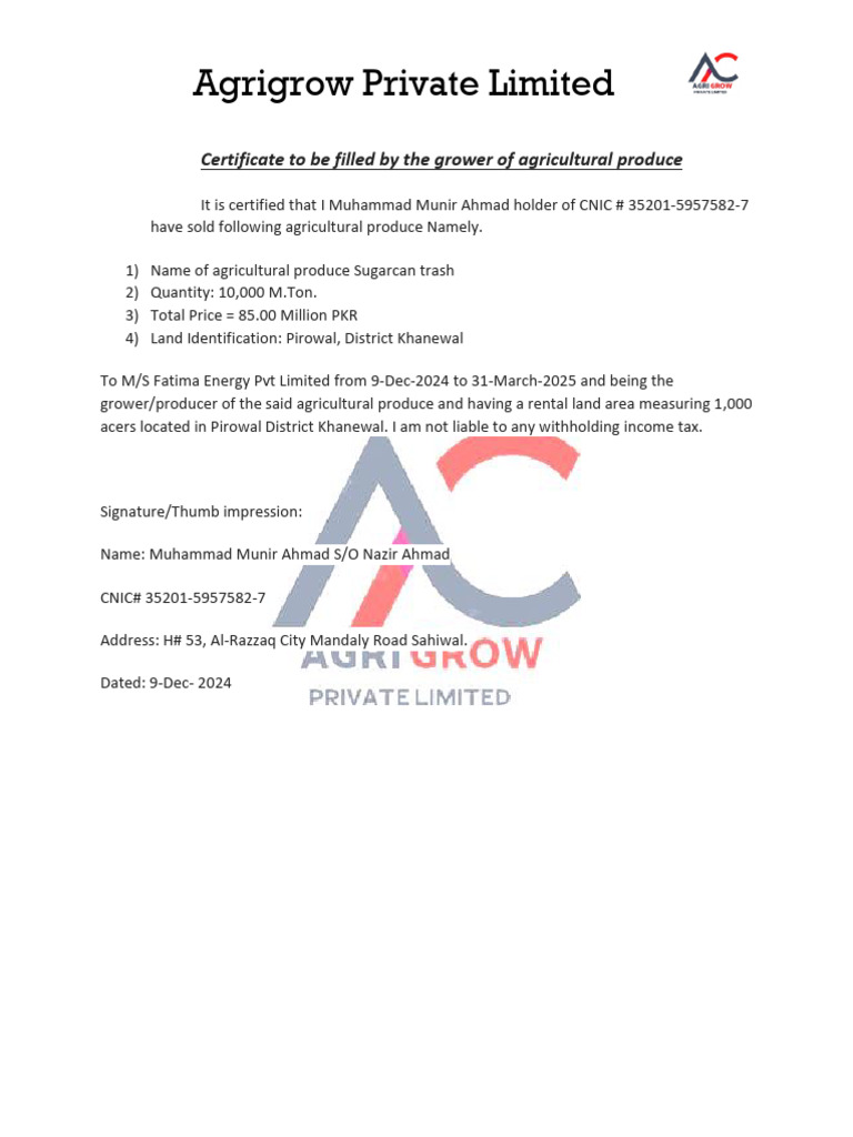 Grower Certificate for Sugarcane Sale | PDF