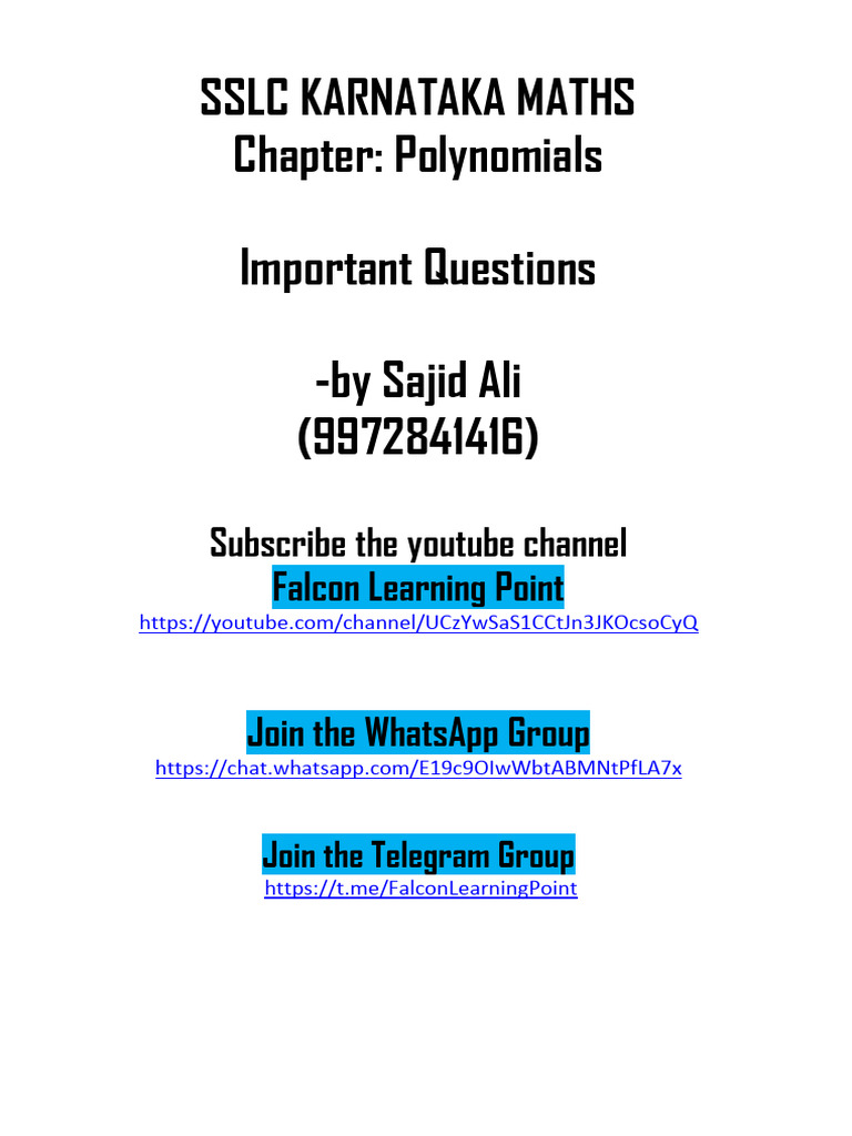 Karnataka SSLC Maths - Polynomials - Imp Ques | PDF | Factorization | Polynomial
