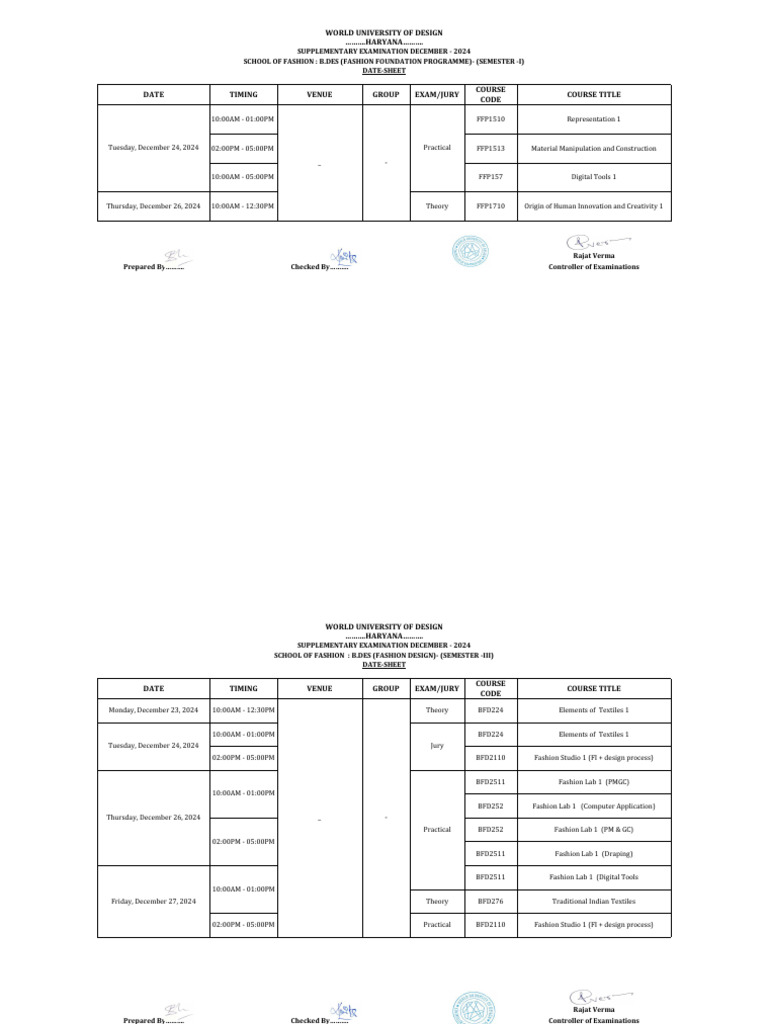 Supplementary Exam Schedule - Fashion Design | PDF