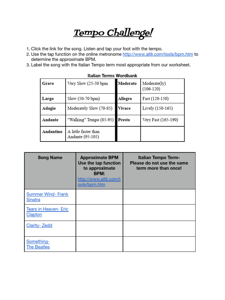 Tempo Challenge Worksheet | PDF
