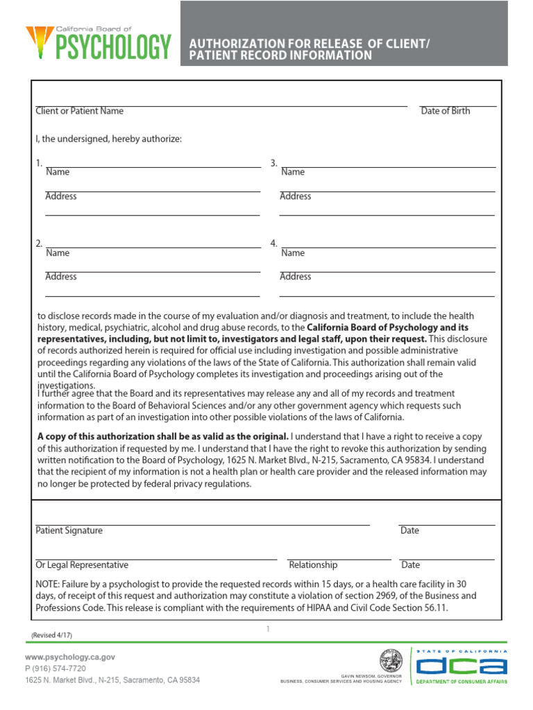 California Psych Release Form | PDF | Psychology | Patient