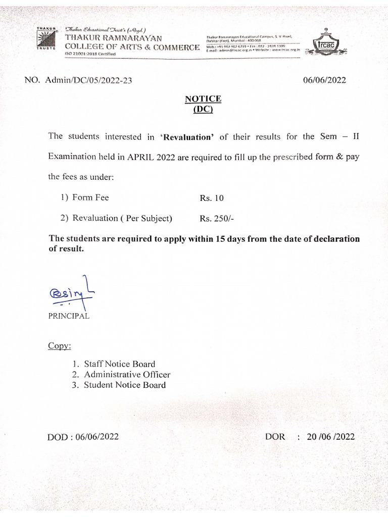 Sem 2 - Revaluation Notice 1025241277-202206060606 | PDF