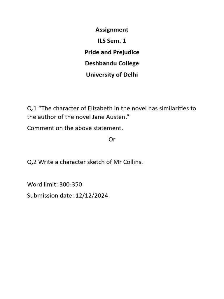 Assignment ILS Sem. 1 Pride and Prejudice Deshbandu College University of Delhi | PDF