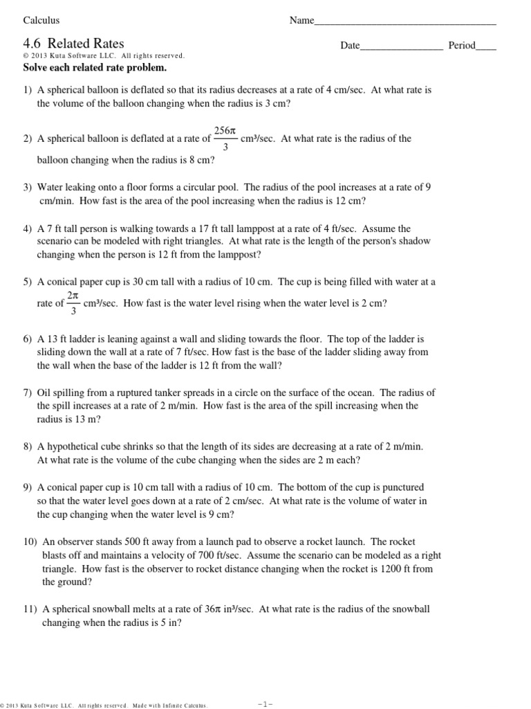 4.6 Related Rates Practice With Answers | PDF | Area | Sphere